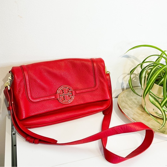 Tory Burch | Bags | 23 Authentic Tory Burch Red Amanda Foldover Pebbled ...